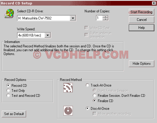 The CD Creation Setup window will popup , configure your burning and ...